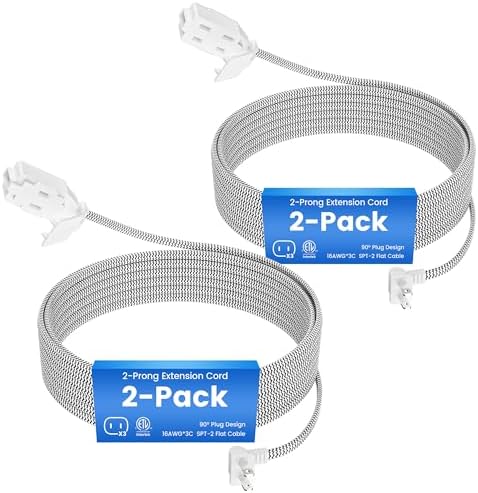 Amazon.com: 2-Pack 2 Prong Extension Cord 20FT, 90 Degree Plug, SPT-2 ...