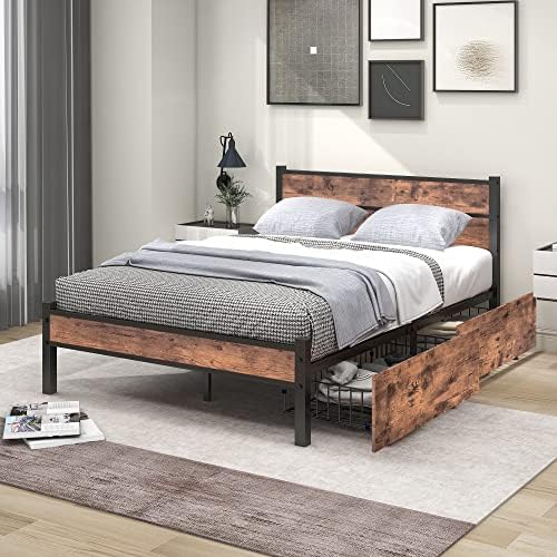 DUMEE Double Bed Frame with 2pcs Storage Drawers, Metal Platform Full ...