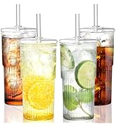 Amazon.com | 2PCS Glass Cups with Lids and Glass Straws, 20OZ Iced ...