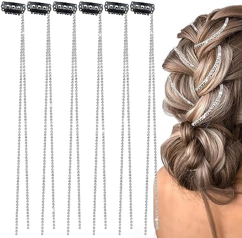 Amazon.com : 6 Pieces Long Rhinestone Hair Chains Silver Hair Clip in ...