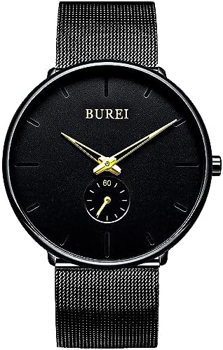 BUREI Reloj de los Hombres Minimalista Ultra Delgado Negro dial ...
