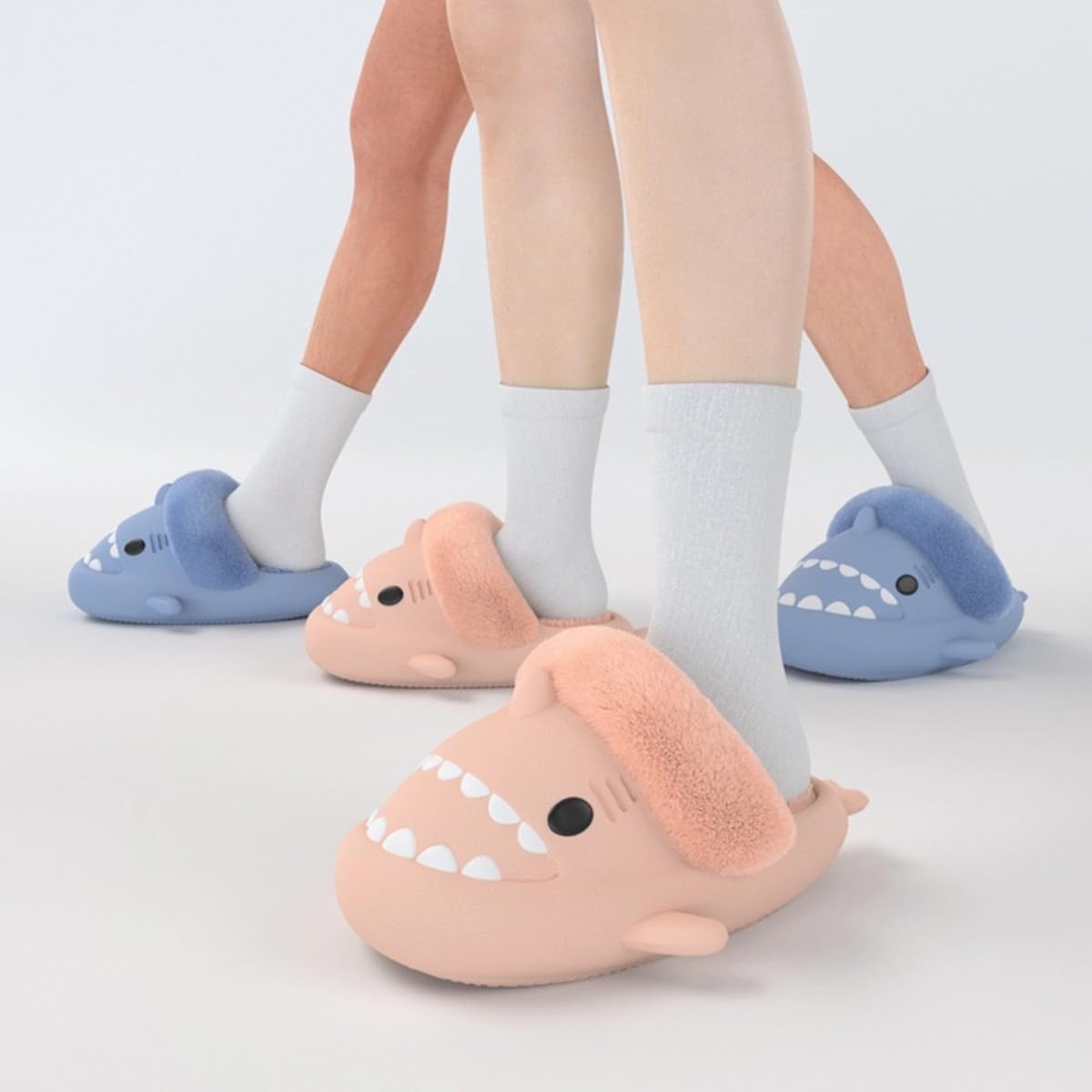 Shark Fuzzy Slippers Women Men Cute Cartoon Plush Fluffy House Shoes ...