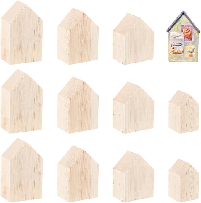 Amazon.com: OLYCRAFT 12Pcs 4Sizes Unfinished Wood House Shaped Blocks ...