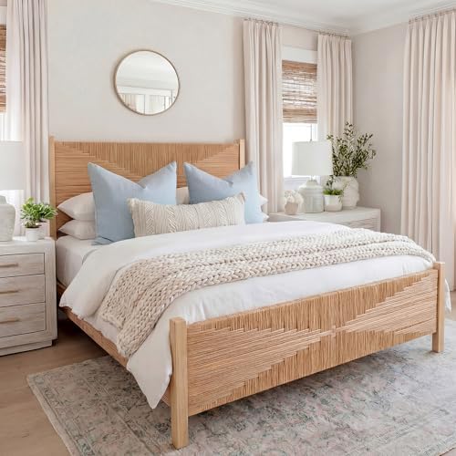 Amazon.com: Yechen Solid Wood Rattan Queen Bed Frame with Tall ...