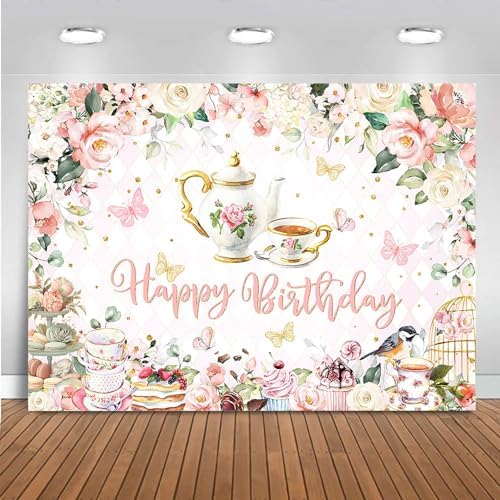 Amazon.com : Mocsicka Tea Party Happy Birthday Backdrop Floral Dessert ...