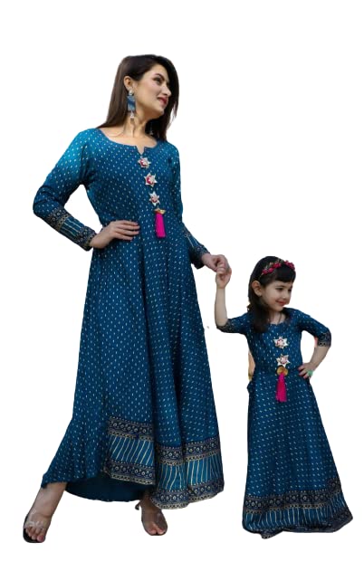 Buy Radhy Rani Mother Daughter Same Dress Combo Petrol Blue Gold Gown ...
