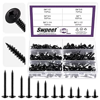Swpeet 340Pcs 6 Sizes #8 x 1/2", 5/8", 3/4", 1", 1-1/4", 1-1/2" Phillips Modified Truss Head ...