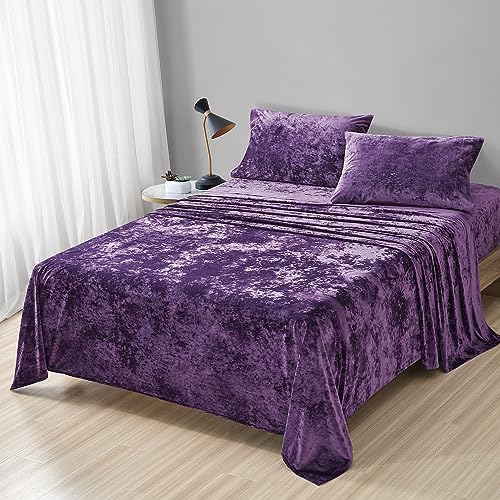 Amazon.com: Fredsure Distressed Velvet Sheet Set, 4 Pieces Purple Queen ...