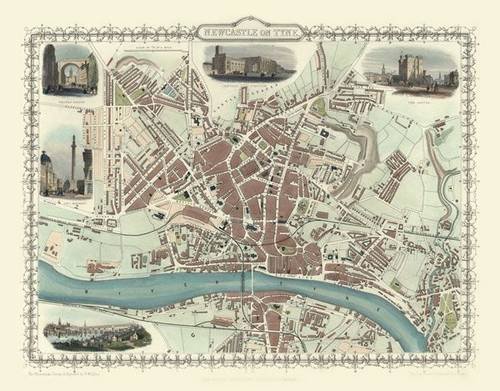 John Tallis Map of Newcastle 1851: Colour Print of Newcastle and Tyne Plan 1851 by John Tallis ...