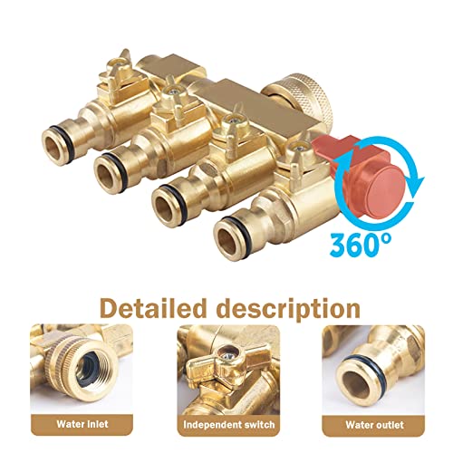 JasCherry 4 Way Brass Tap Manifold with Individual On/Off Valves, Brass ...