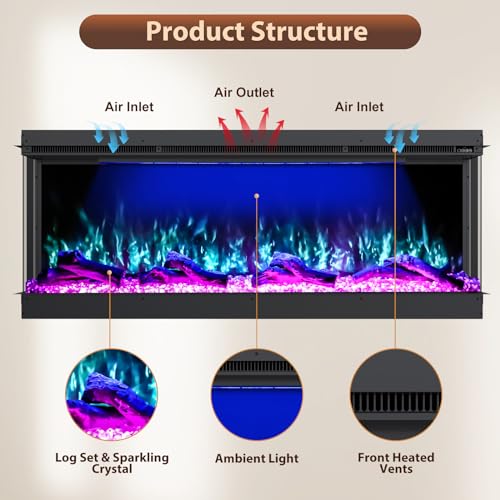 3 Sided Electric Fireplace, 80 inch Smart WiFi Fireplace Inserts for ...