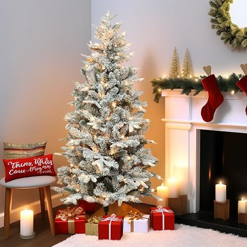 Amazon.com: LuxenHome 5ft Christmas Tree, Prelit Slim Christmas Tree ...