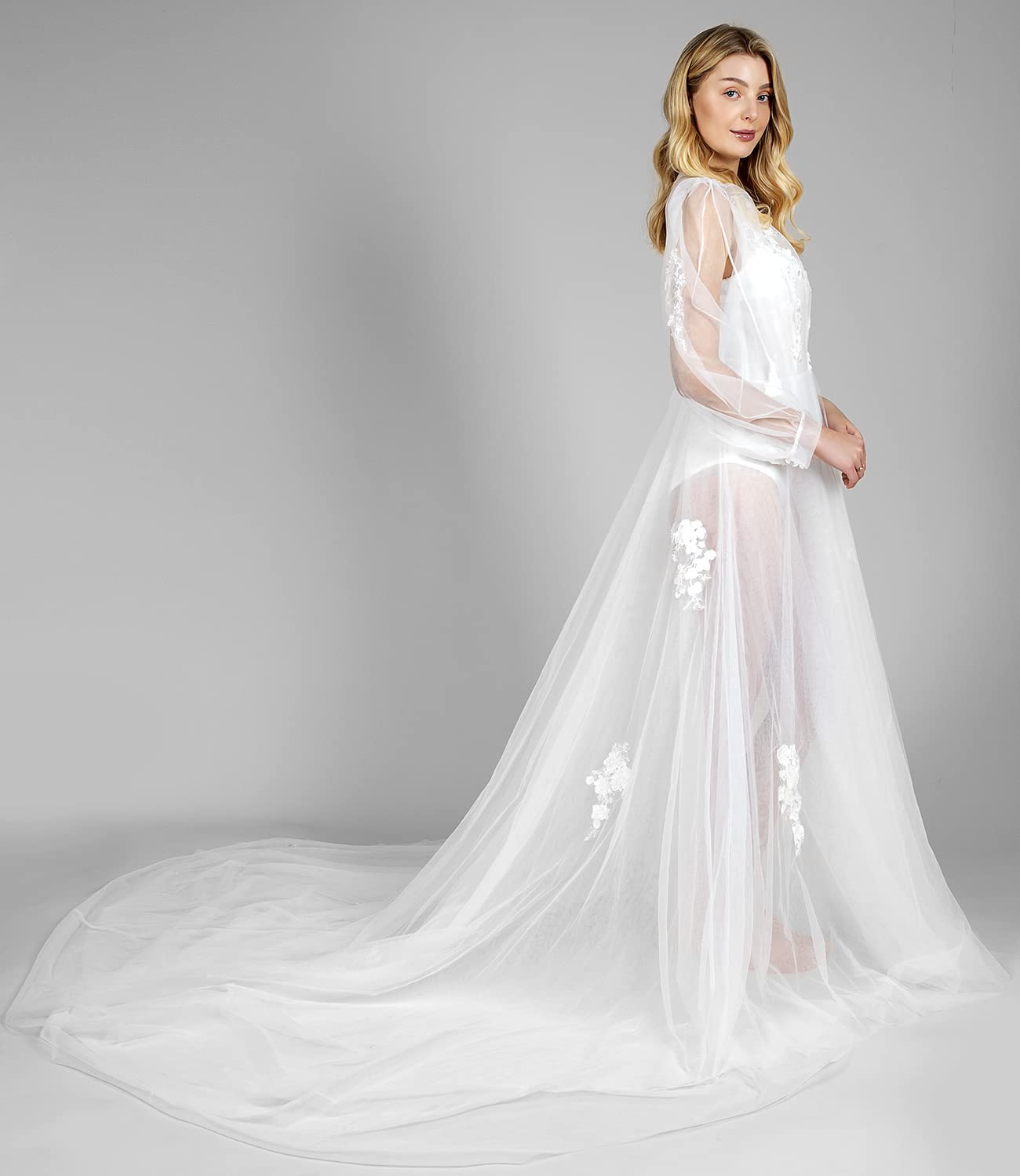 Snapklik.com : HHQ White Bridal Robe Womens Long Tulle Dress Lace Sheer Bride Nightgown Floor ...