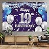 Amazon.com: Happy 19th Birthday Banner Backdrop Navy Blue Balloons Confetti Stripe Flag Light ...