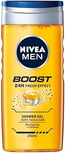 NIVEA MEN BOOST Shower Gel (250 ml), Moisturising 3-in-1 Body Wash for Men with Naturally ...