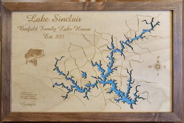 Amazon.com: Lake Sinclair, Georgia: Framed Wood Laser Engraved Map ...