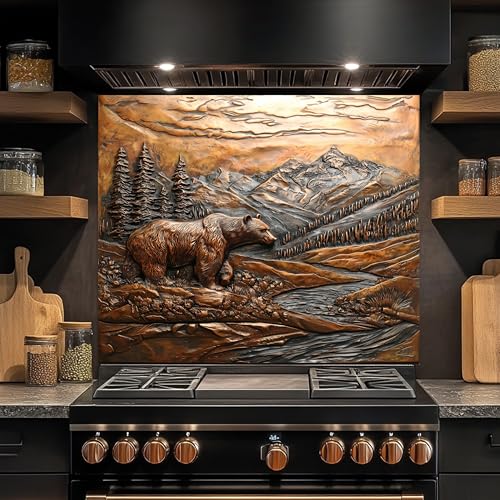 Amazon.com: Tempered Glass Backsplash for Kitchen, Grizzly Bear ...
