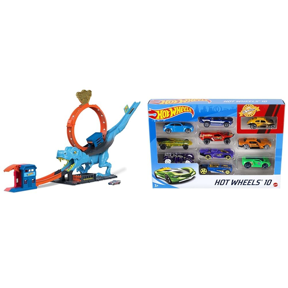 Hot Wheels City Track Set with 1 Toy Car & Set of 10 1:64 Scale Toy ...