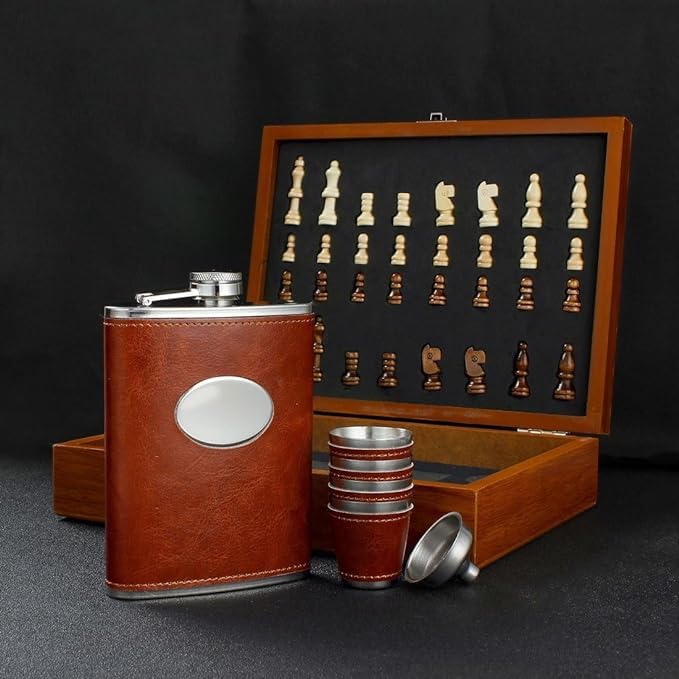 VEDHAK Wooden Chess Set | Stainless Steel 1 Hip Flask | 2 Shot Glasses ...