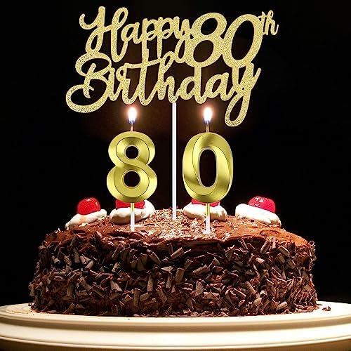 Amazon.com: 80th Birthday Candles + Gold Happy 80th Birthday Cake ...