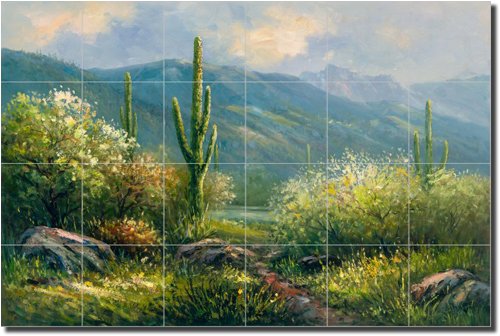 "Cactus Trail" Ceramic Tile Mural 17" x 25.5" Kitchen Shower Backsplash ...