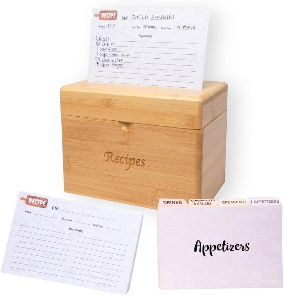 Amazon.com: YOUEON Bamboo Recipe Box with Cards and 3 Grooves, Kitchen ...