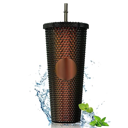 Joymaking Studded Tumbler with Straw and Lid, Double Walled Cold Cup ...