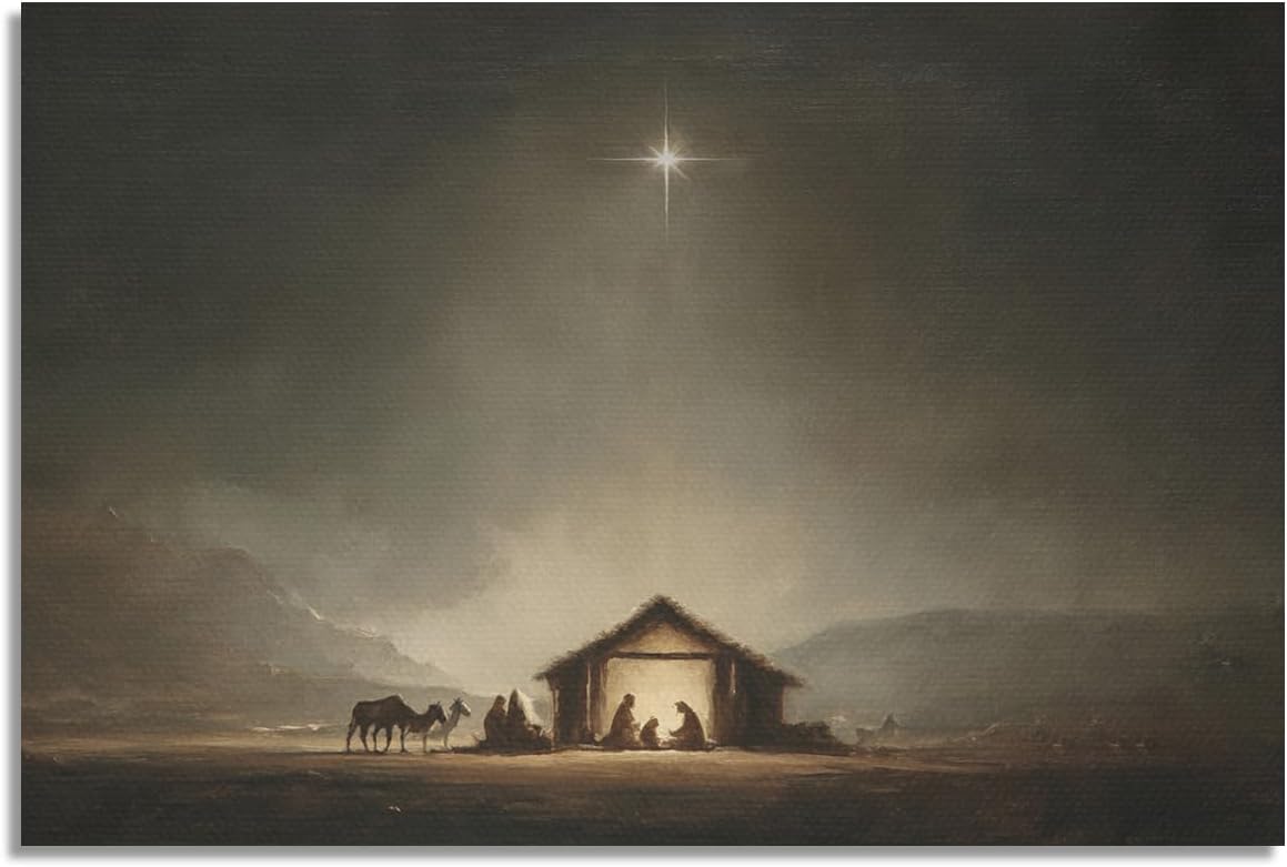 Amazon.com: Nativity Scene Canvas Wall Art, Christian Manger Beneath ...