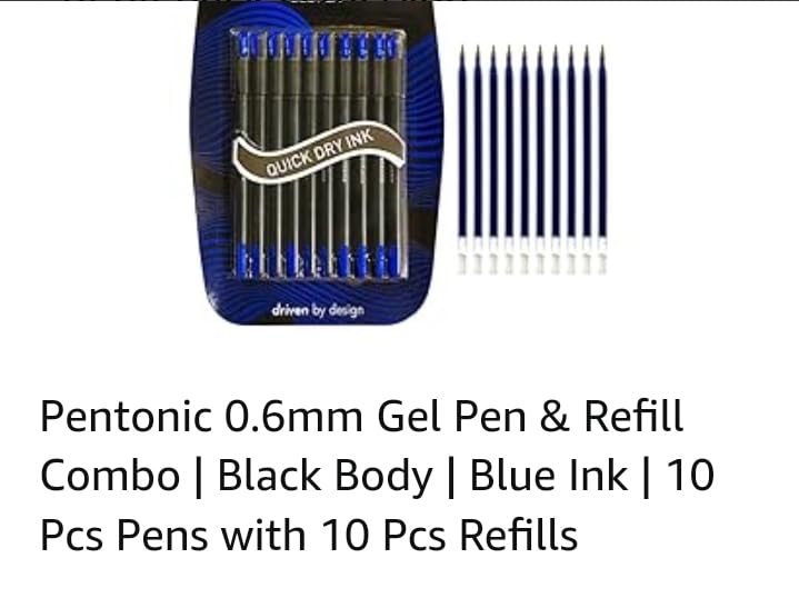 Pentonic 0.6mm Gel Pen & Refill Combo | Black Body | Blue Ink | 10 Pcs ...