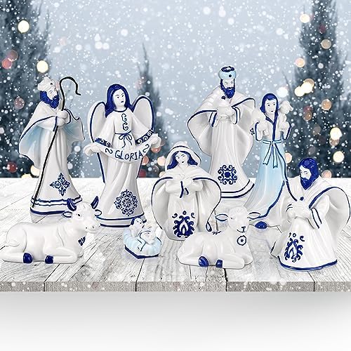 Amazon.com: Tioncy 9 Pcs Porcelain Chinoiserie Nativity Set Delft Blue ...