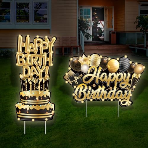 Amazon.com : 2 Pack Birthday Yard Signs with LED String Light Black ...