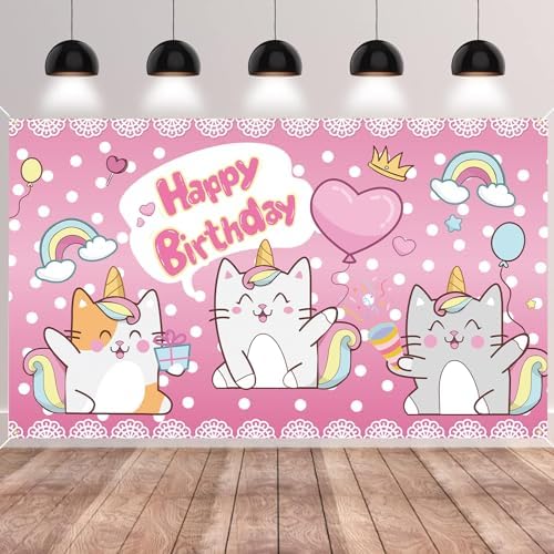 Amazon.com: Happy Birthday Banner Backdrop Sky Blue Cute Cat Theme ...
