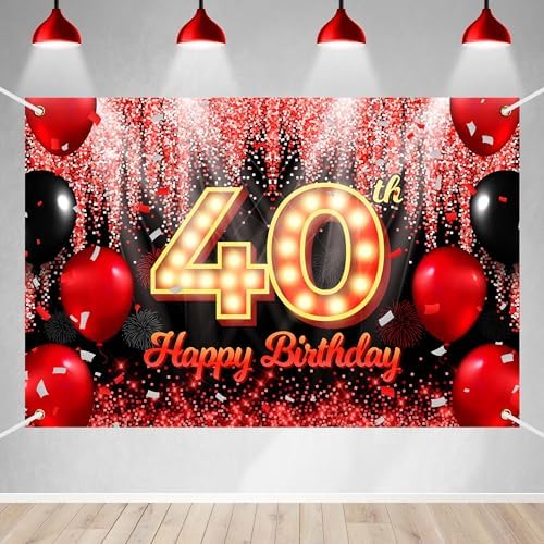 Amazon.com : Happy 40th Birthday Backdrop Banner Black and Red Theme ...