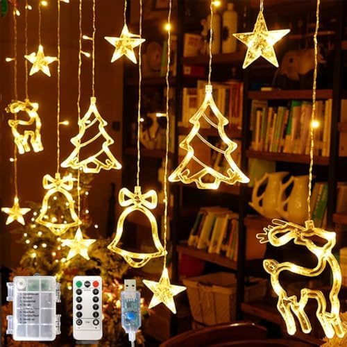 Rness Christmas Curtain Lights,138 LED Christmas String Lights, Bells Light Elk Light, 11.5FT ...