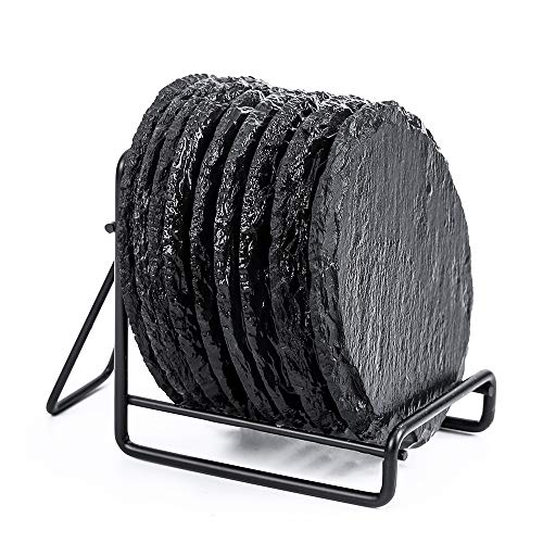 ACKEIVTO 9-Pack Drink Slate Coaster Set with Holder - Handmade Round ...