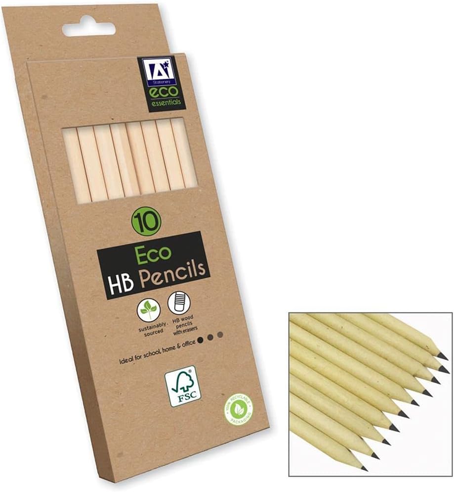 10 x Eco Essentials Eco HB Wood Pencils with Eraser On Top Sustainably ...