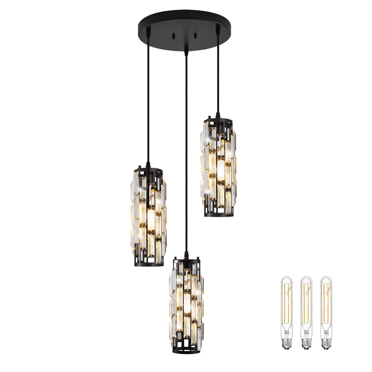 haultop Bulbs Included Pendant Light Fixture 3-Light, Modern Crystal ...
