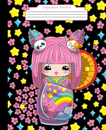 COMPOSITION NOTEBOOK: Cute Kawaii Japanese Kokeshi Doll in Kimono with ...