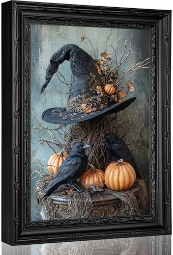 Amazon.com: Framed Witch Hat Canvas Wall Art,Halloween Pumpkin Crow ...