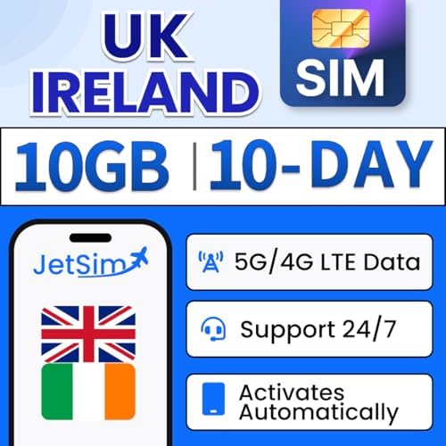 JetSim UK & Ireland SIM Card (10 Days), 10GB 5G/4G High-Speed Data ...