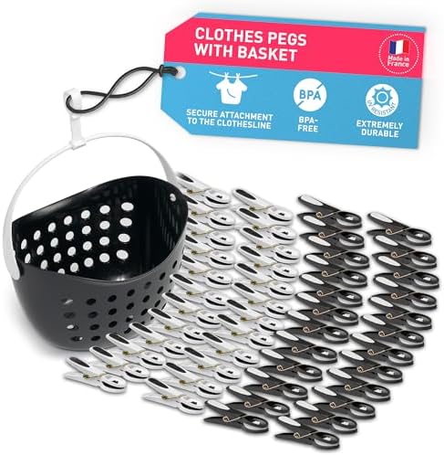 48 clothes pegs with sturdy basket/black peg basket, clothes pegs ...