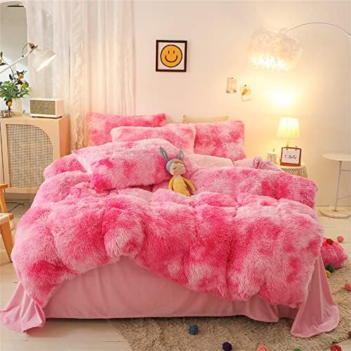 Amazon.com: HAIHUA Fluffy Pink Comforter Cover Queen Set，Faux Fur Pink ...