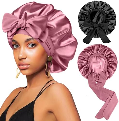 Amazon.com : 2Pcs Silk Hair Satin Bonnet for Sleeping Women,Large Satin ...
