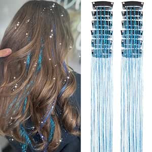 Amazon.com : Sky Blue Fairy Hair Tinsel Kit Pack of 12 Pcs Clip in Hair Tinsel Kit 20 Inch ...