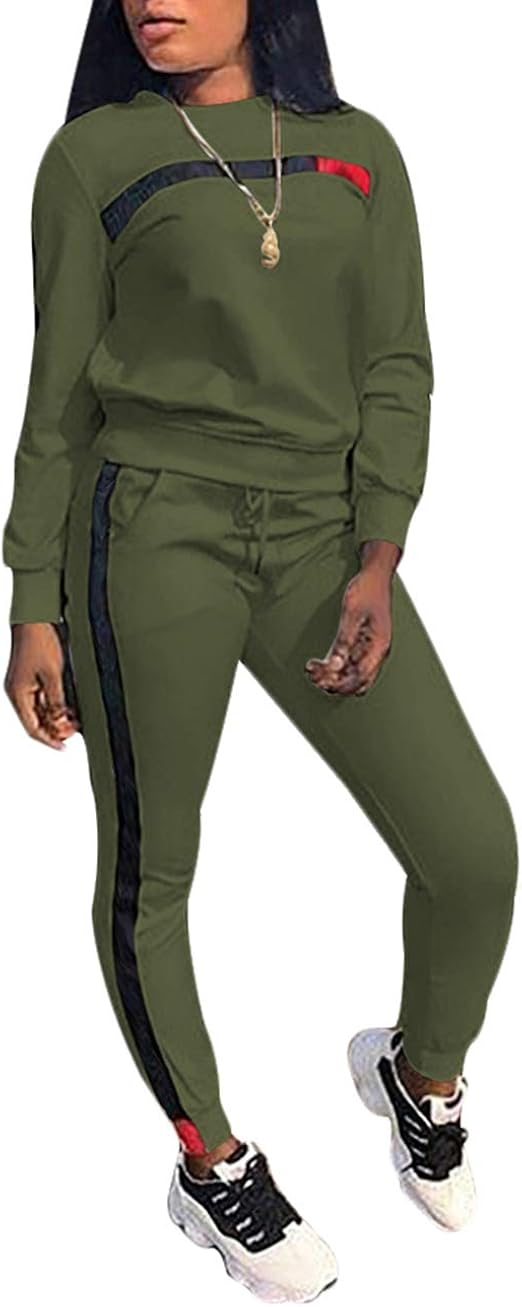 KANSOON Women Stripe Patchwork Two Piece Sweatsuit Round Neck Pullover ...