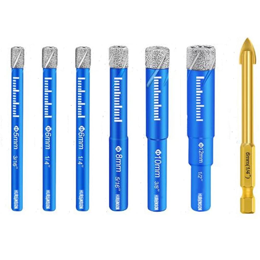 Dry Diamond Drill Bits Set 7 PCs - 3/16, 1/4,5/16，3/8，1/2 inch and 1/4 ...