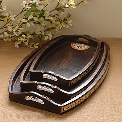 Unravel India Madhubani Hand Painted Wooden Silk Tray Set, Set of 3 ...