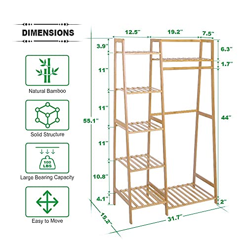 Ufine Bamboo Garment Rack 7-Tier Storage Shelves Clothes Hanging Rack ...