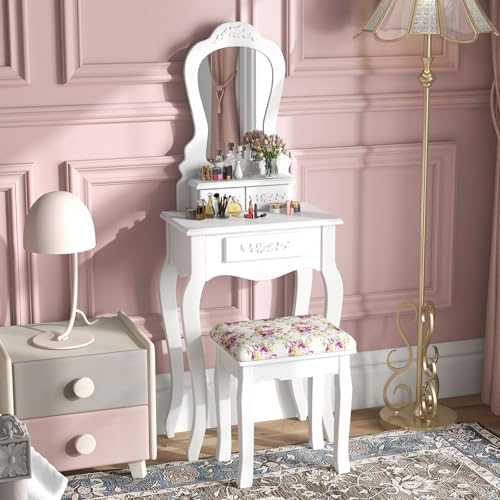 Amazon.com: Alohappy Makeup Vanity Set with Mirror & Stool for Girls ...