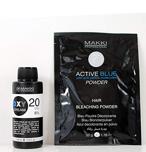 MAKKI HAIR BLEACHING KIT 20 ACTIVE BLUE BLEACH POWDER 50g + OXY CREAM ...